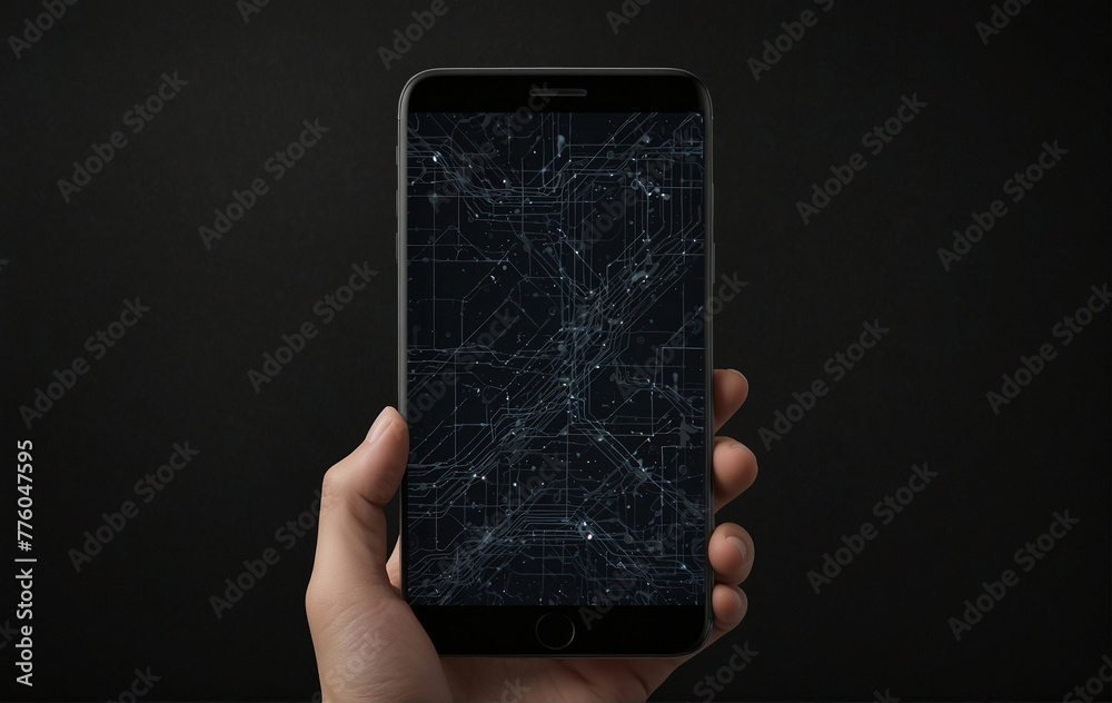 phone in hand. Abstract mash line and point phone in hand on dark ...
