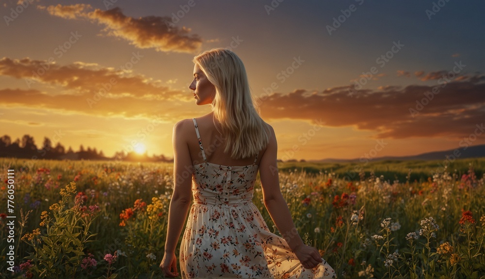 Blonde woman on summer dress standing in wildflowers field. full body ...