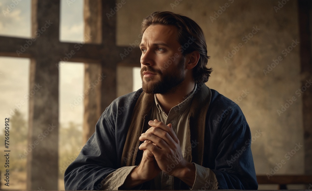 Christian man praying in front of a Christian cross, Jesus silhouette ...