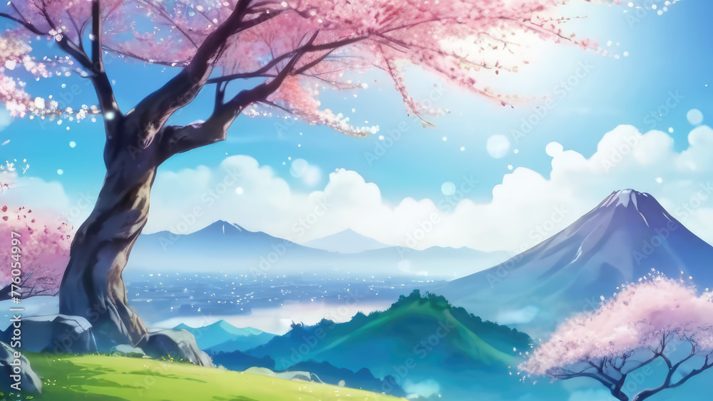 Beautiful fantasy spring natural landscape and cherry blossom tree ...