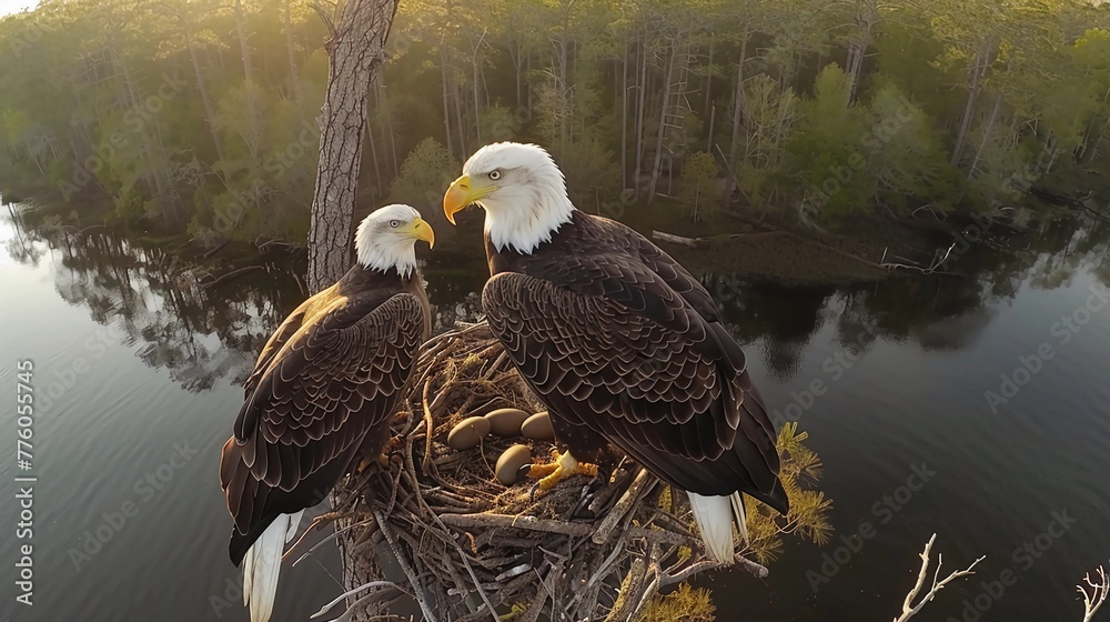 Pair Of Majestic Bald Eagles Sitting Their Nest with Their Eggs. The ...