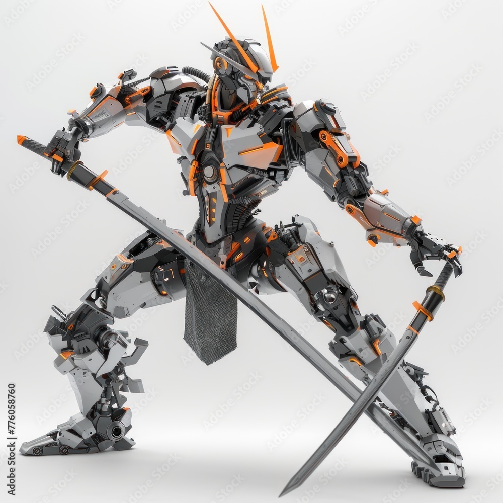 Digital artwork featuring a 3D render of a samurai robot wielding a ...