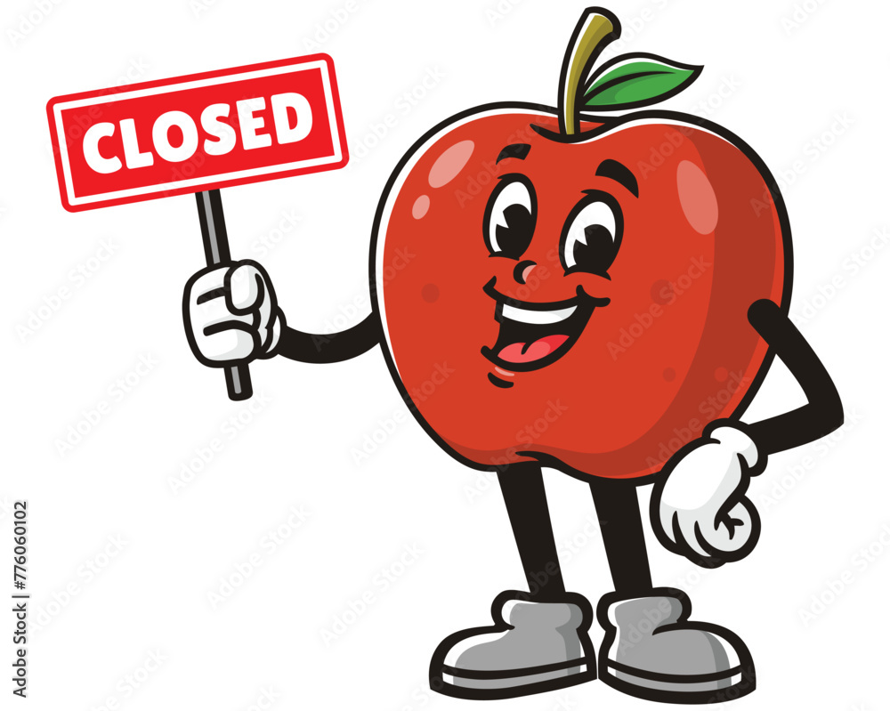 Apple holding closed sign board cartoon mascot illustration character ...