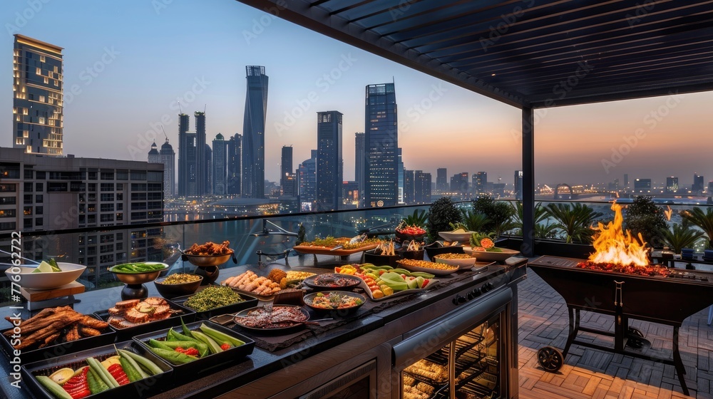 A luxurious rooftop barbecue party with a city skyline backdrop and an ...