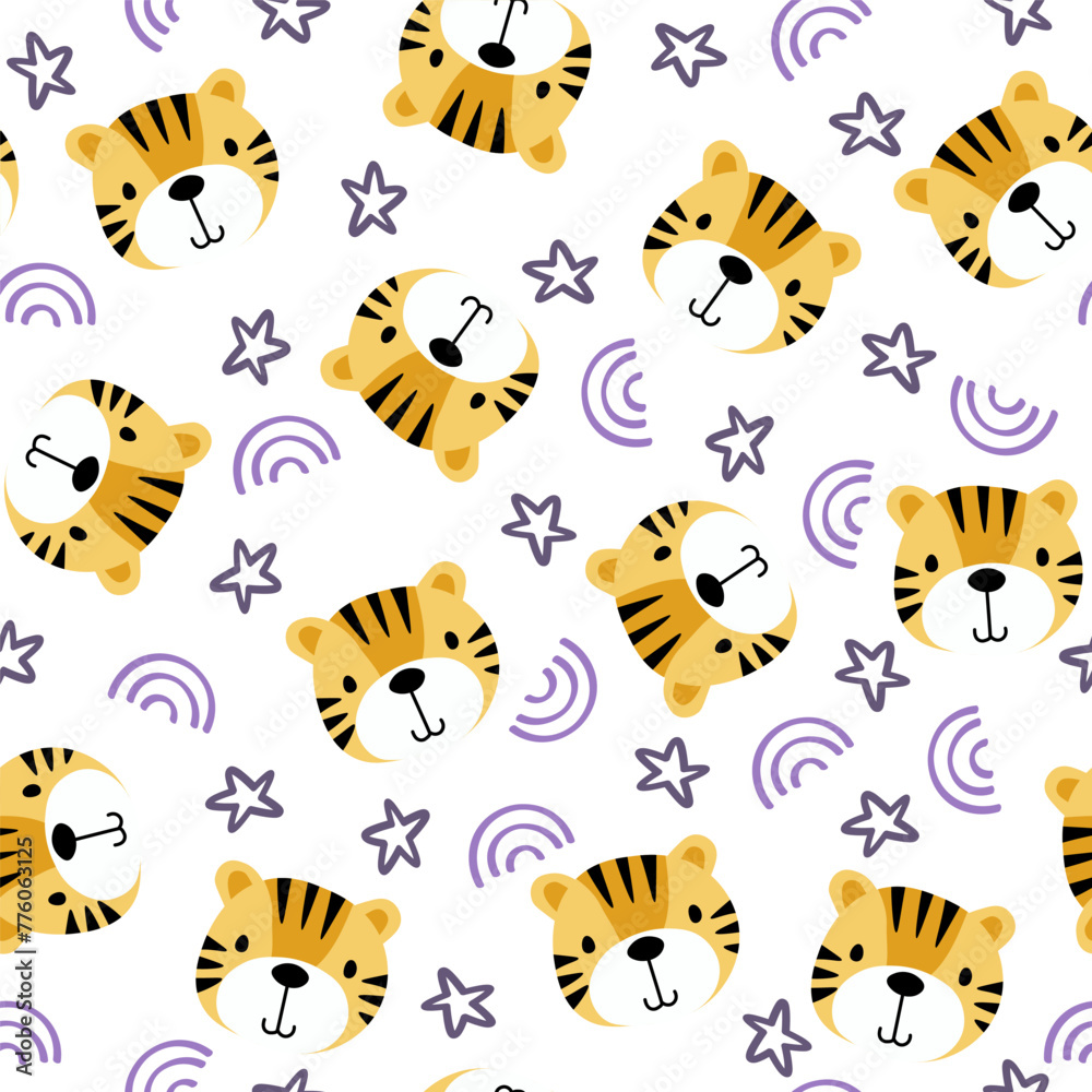 Vector seamless pattern with tiger.Tropical jungle cartoon creatures ...