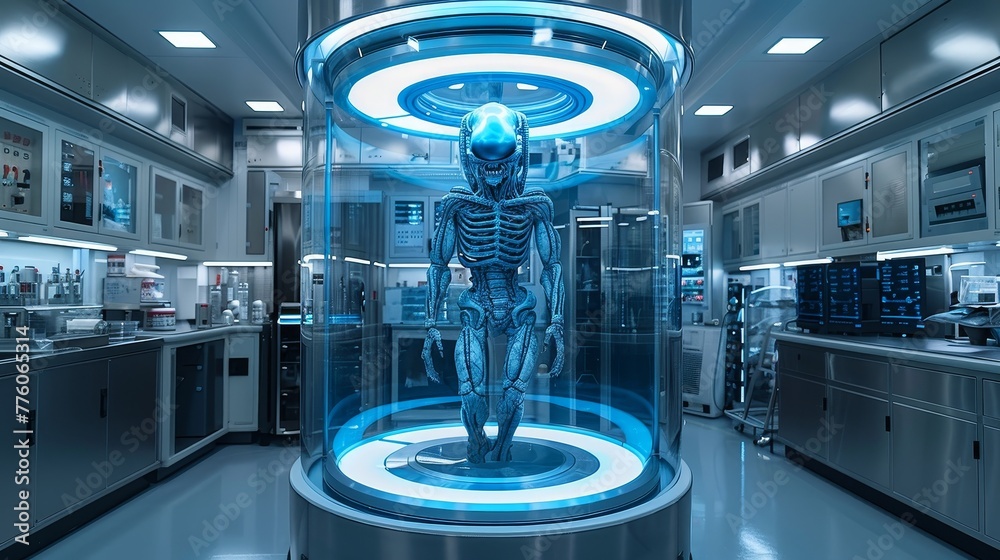 Angry alien floats in liquid in hibernation chamber. A savage alien in ...