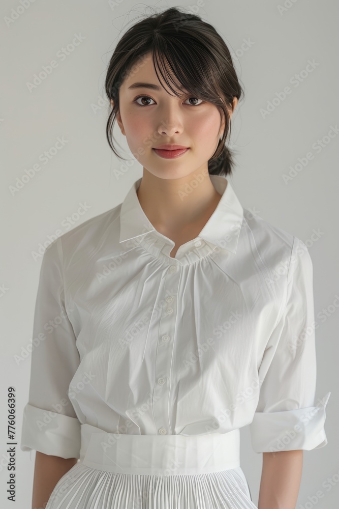 Close-up of a Japanese Super Model in a Classic White Button-Up Shirt ...
