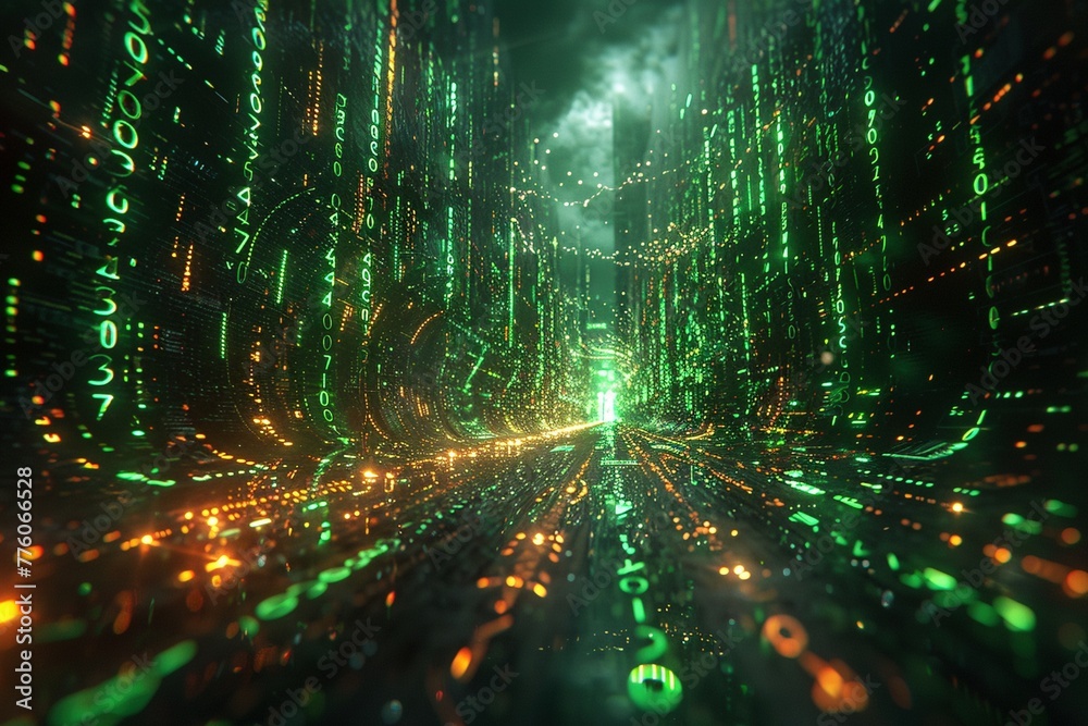 Green numerical data streams in a cascading matrix pattern dominate a ...