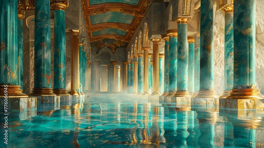 atlantis aquamarine underwater fantasy architecture water columns temple light pillars ...