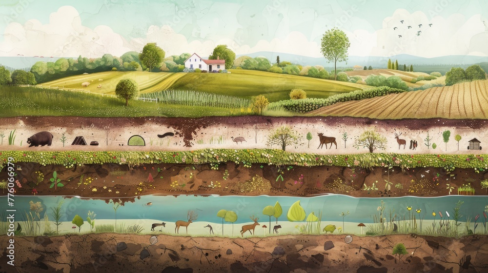A detailed illustration of a farms ecosystem from soil layers to ...