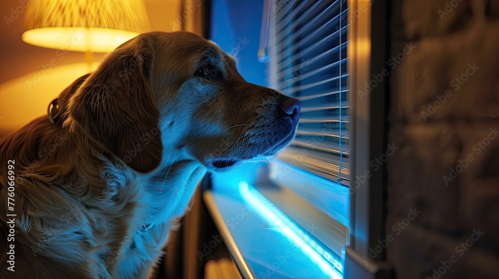 A domestic dog interacting with a smart home system turning lights on ...