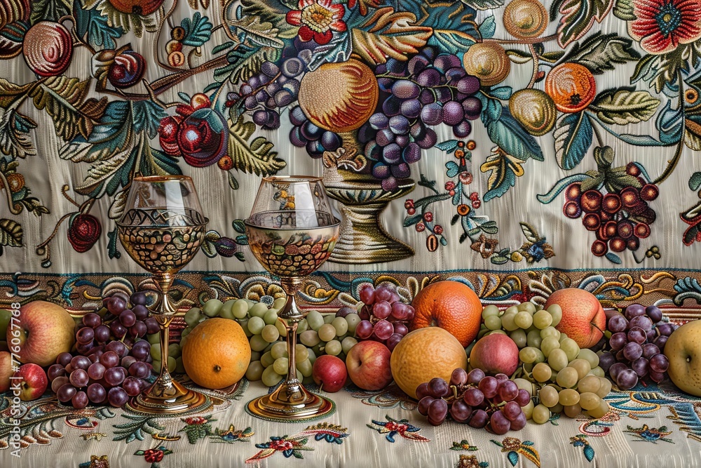 lavish tapestry depicting the Passover seder table, complete with ...
