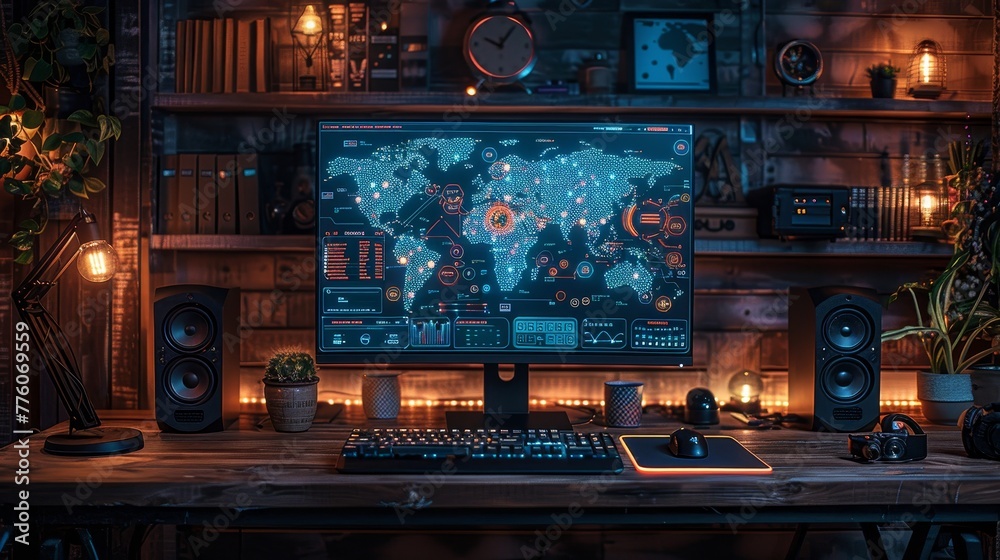 The front view of a desktop gaming computer with abstract API programs ...