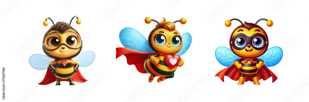 Set of Cartoon cute bee superhero illustration, isolated over on ...