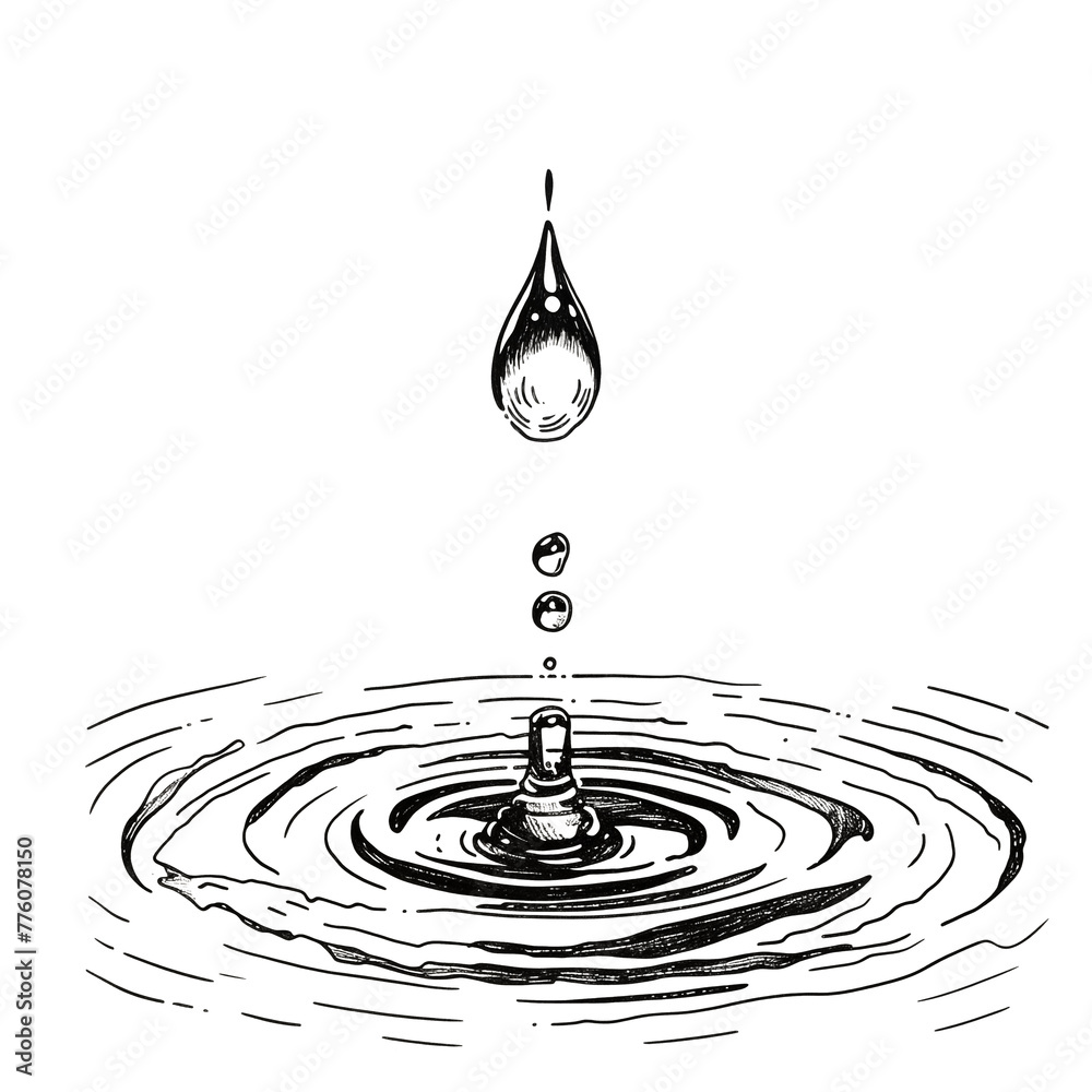 Splashes of water and drops of water graphics engraving on a white ...