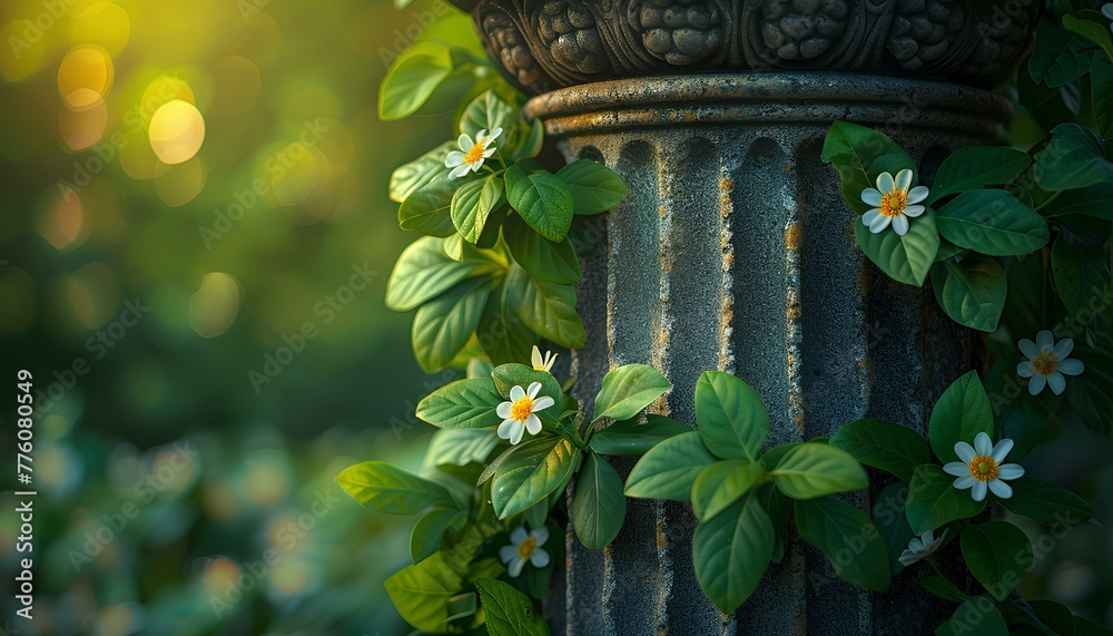 Ancient Greek column wrapped with flowers and plants. Closeup of greek ...