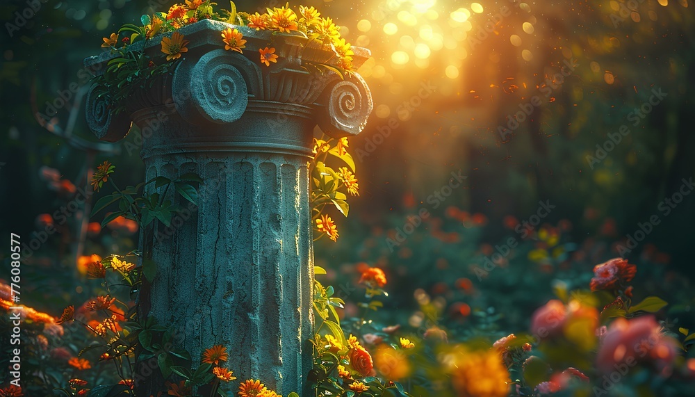 Ancient Greek column wrapped with flowers and plants. Closeup of greek ...