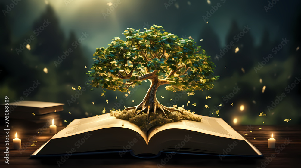 Book or tree of knowledge concept with an oak tree growing from an old ...