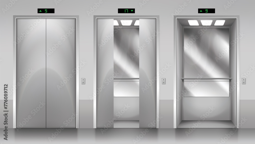 Modern passenger or cargo elevators, lifts with closed, opened and half ...
