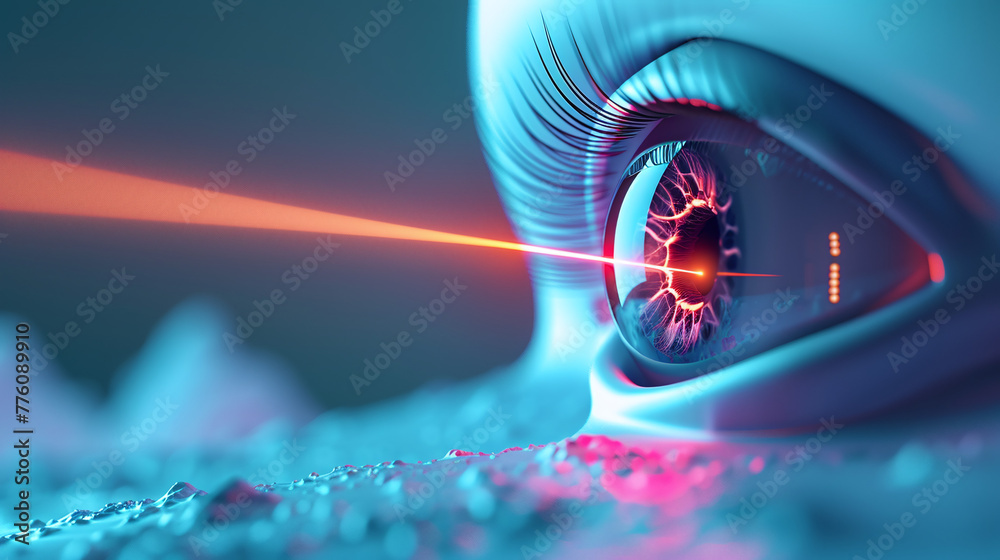 close-up of eye being scanned by red laser, cold color palette, new ...