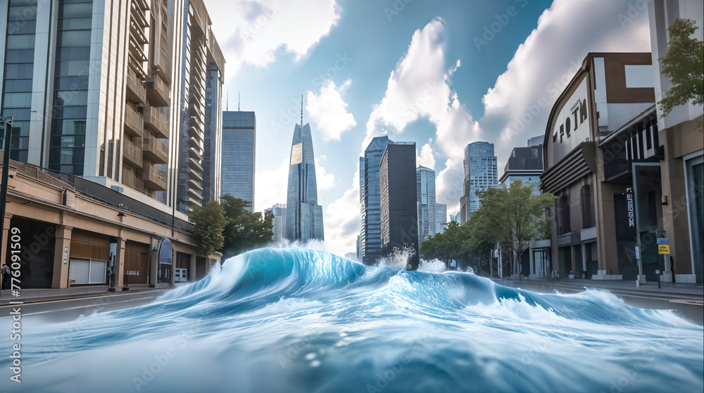 A colossal wave, towers over a bustling city. Dramatic Wave Crash on ...