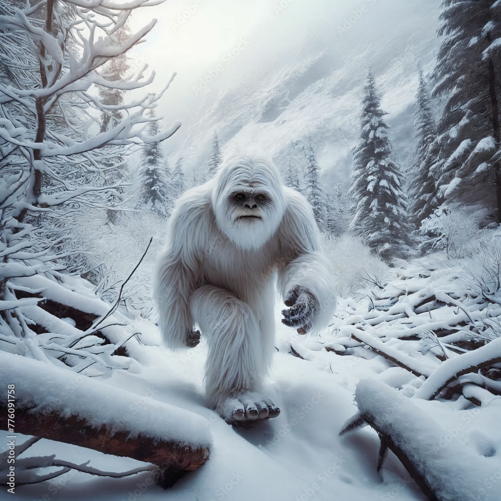 Yeti in the snow covered Himalaya mountains, mysterious furry creature ...