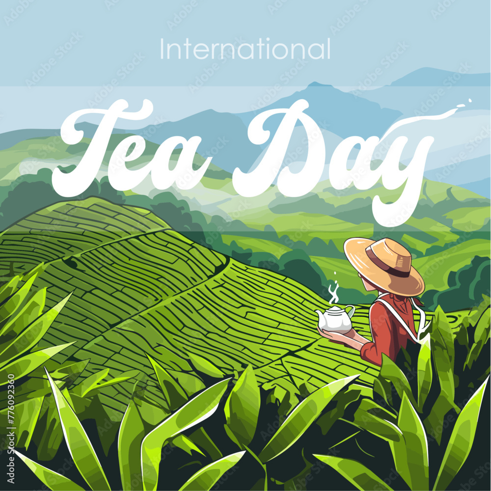 International Tea Day quote. Vector illustration of tea plantation with ...