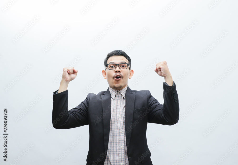 Super happy young asian male office manager got promotion, big salary ...