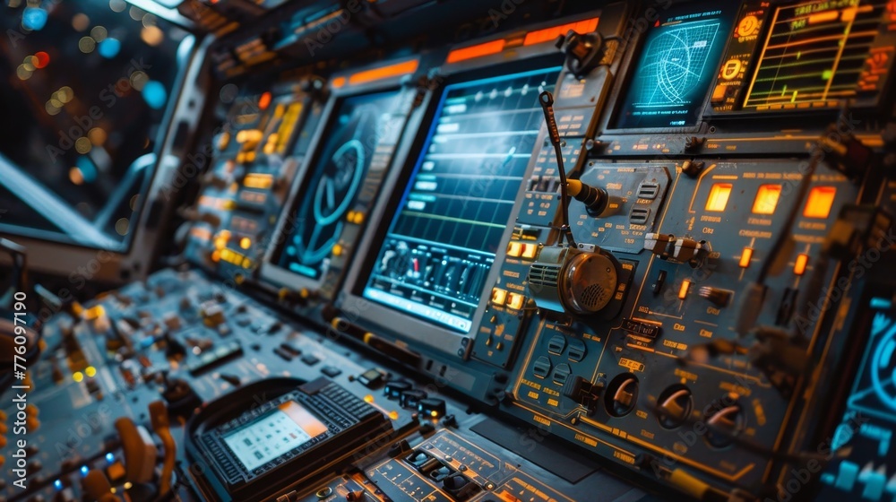The cockpit of a plane is lit up with bright colors and glowing buttons ...