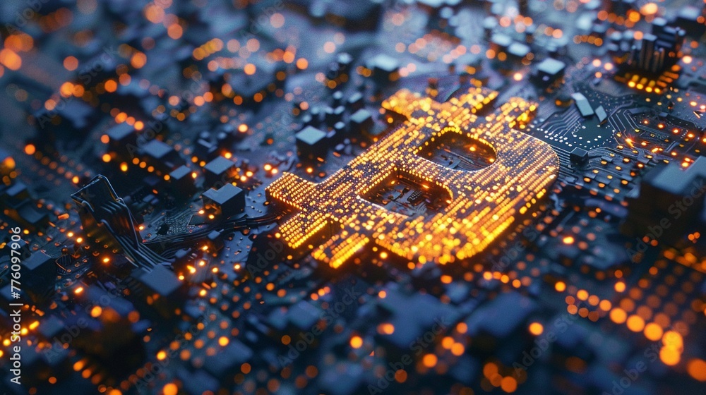 Closeup on a glowing Bitcoin symbol, futuristic circuit background Graph lines rise in the ...