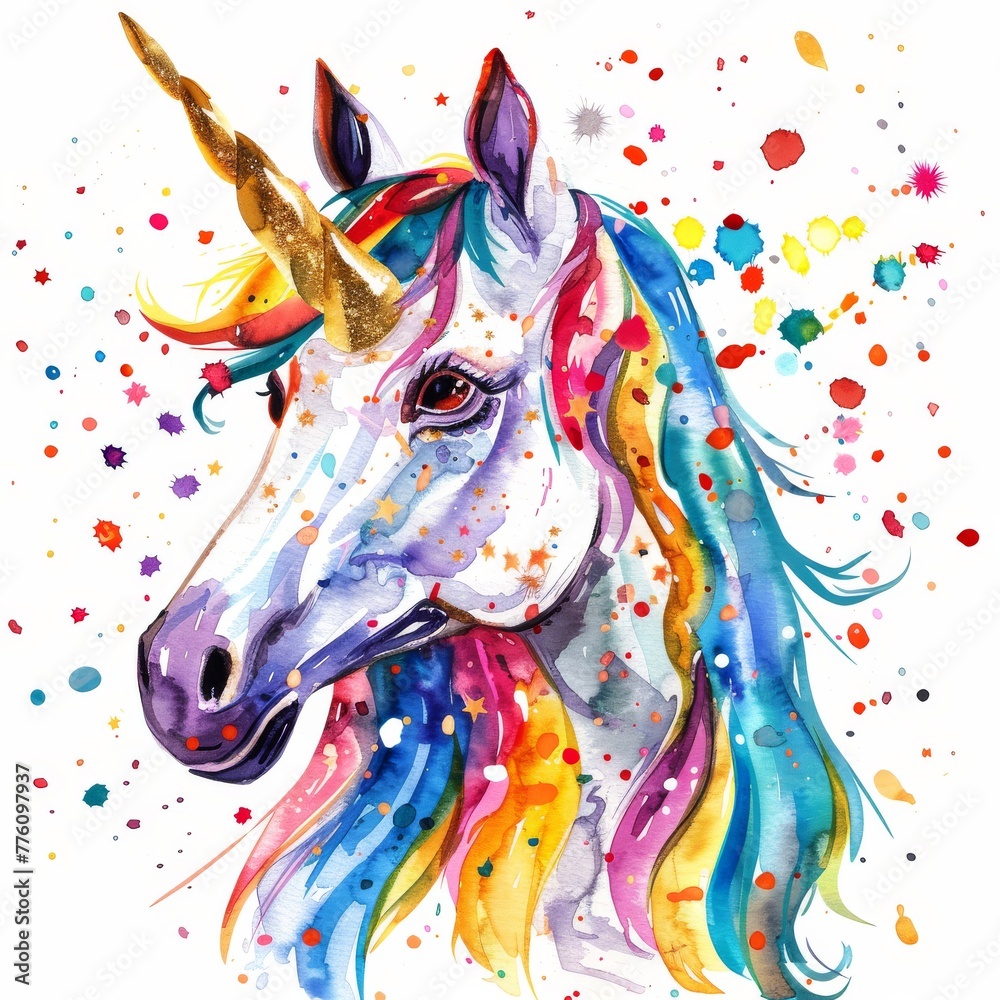 Festive watercolor illustration of a unicorn with a shimmering golden ...