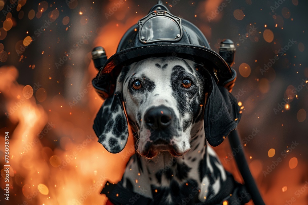 Dalmatian in a firefighters helmet, posing in front of a fire hose ...