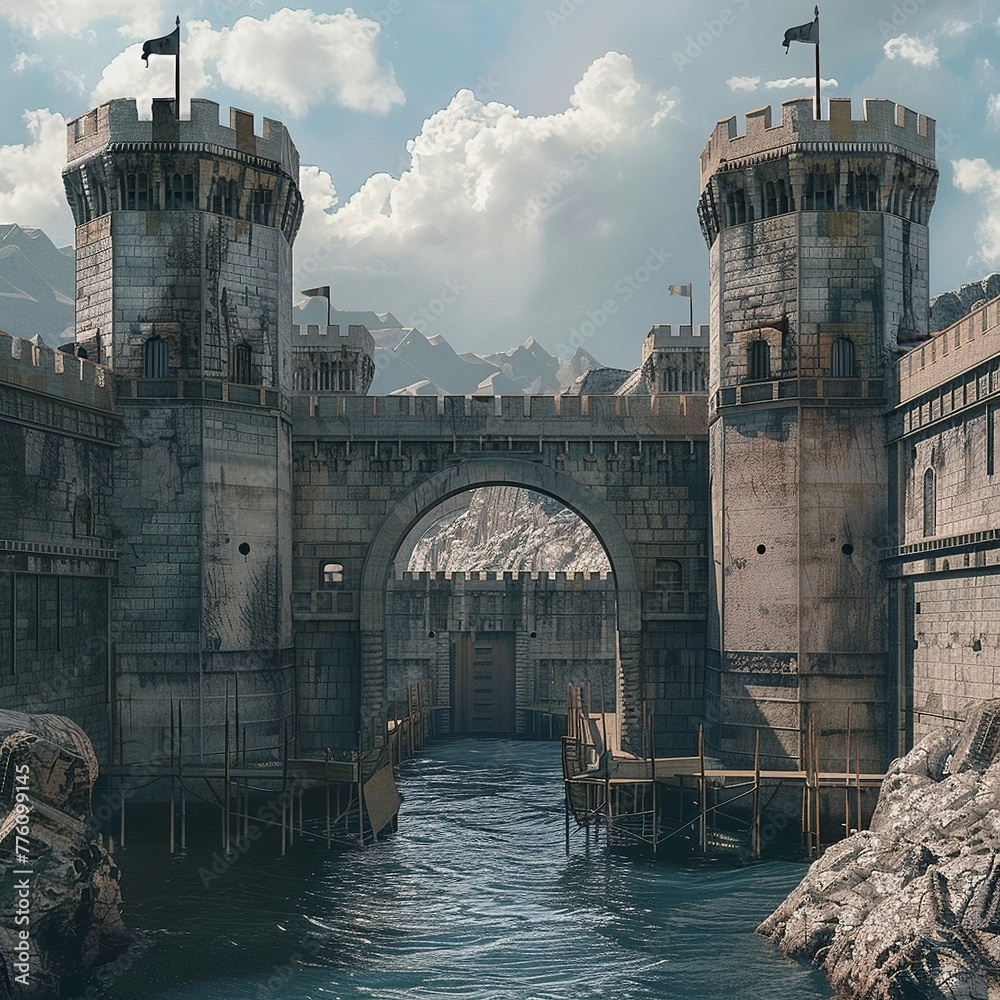 An illustration of a fortified maritime entrance with towering walls ...