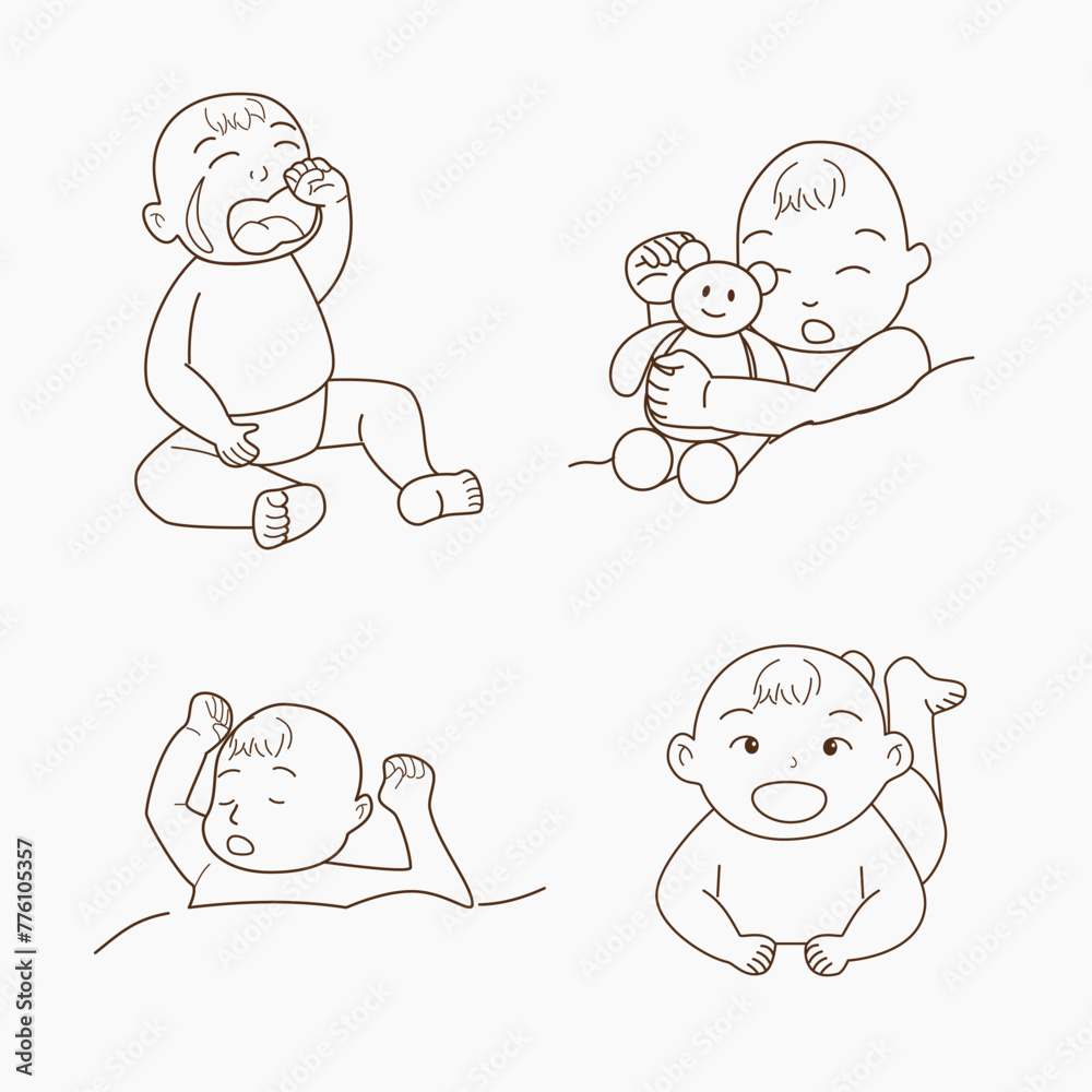 cartoon sketch of baby with various pose isolated on white background ...
