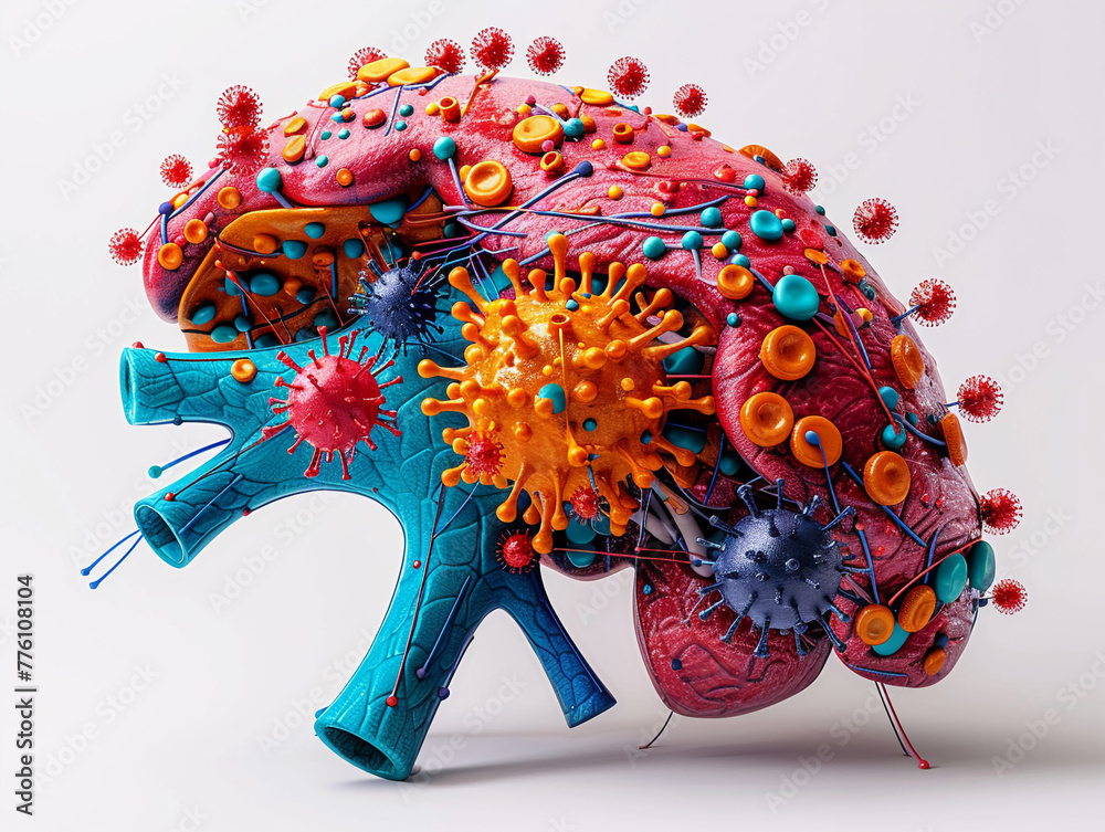 An anatomical rendering of a human liver on a white background in 3D ...