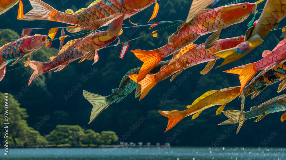 Vibrant koinobori carp-shaped windsocks fly in the blue sky during a ...