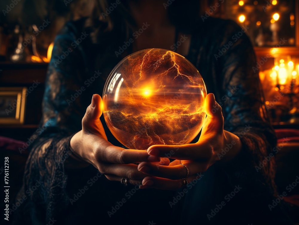 Crystal ball, glowing softly in a cozy living room, used by a witch for ...