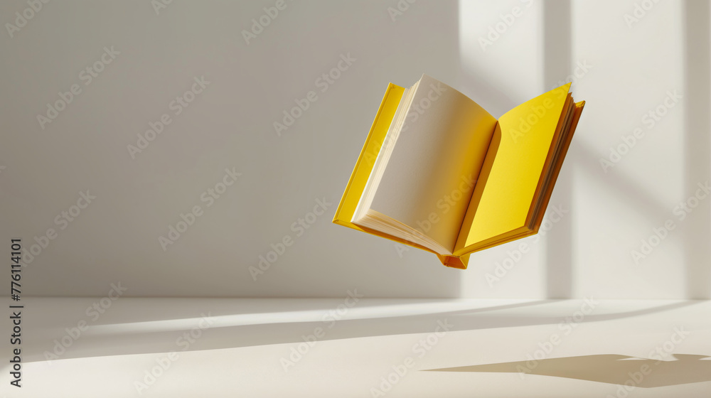 An image displays an open, floating yellow book with blank pages in a ...