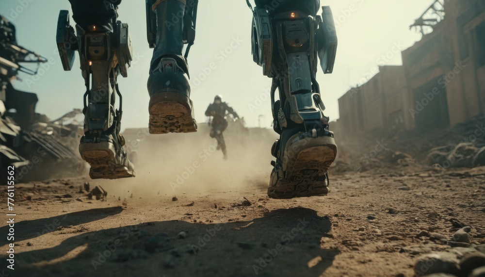 A dramatic scene depicting two robotic soldiers patrolling a desolate ...