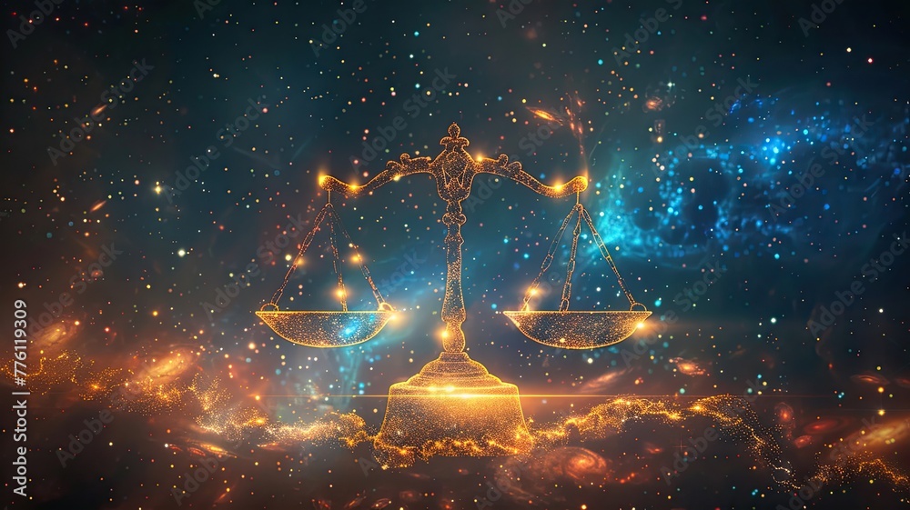 Libra is the sign of the zodiac; stars in space; and scales with ...