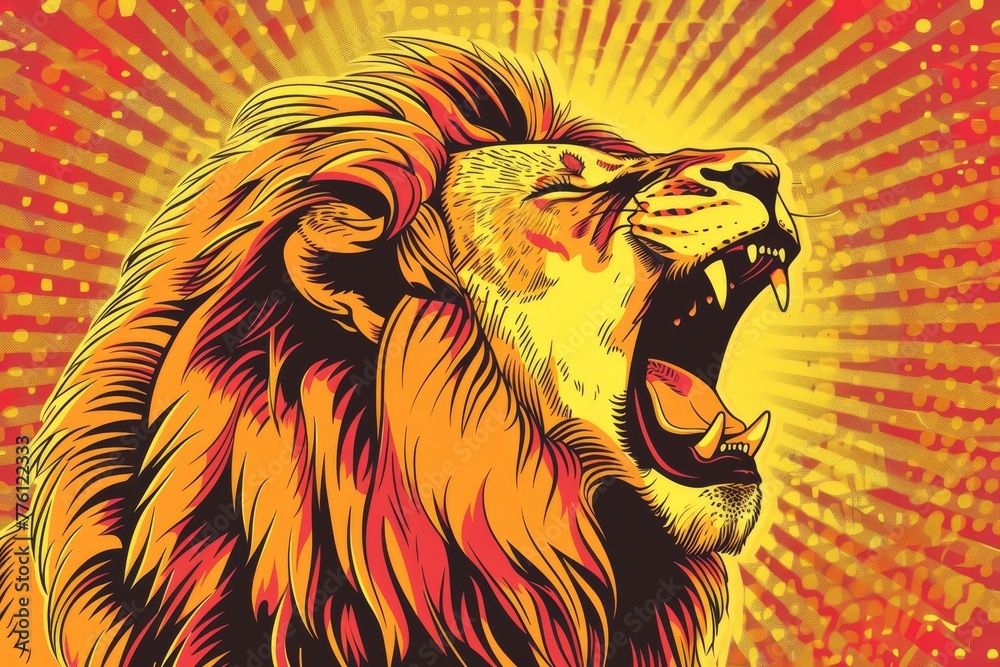 A pop art masterpiece, this illustration captures the fierce roar of a ...