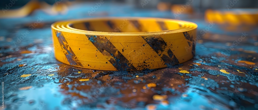 Chemical spill barrier tape marks safety zones for cleanup procedures ...