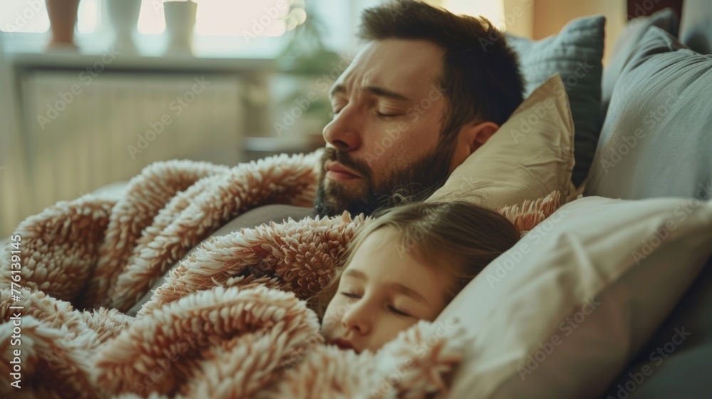 man take care of little ill daughter. Sick child lying on bed under ...