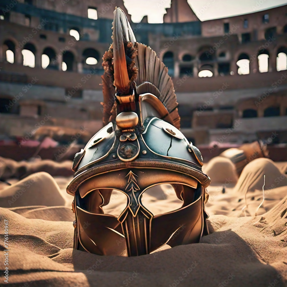 Roman Legionary helmet with the Iroquois in front of Colosseum in Rome ...