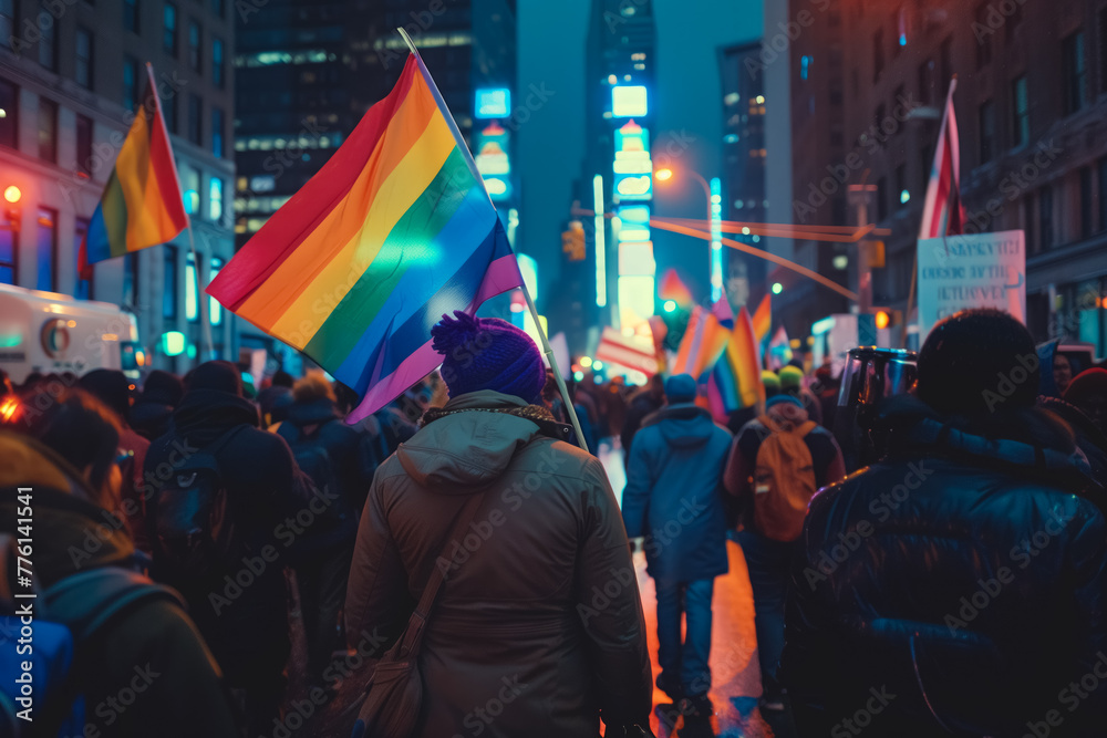 Back view Group of people raising rainbow flags, posters for LGBT ...