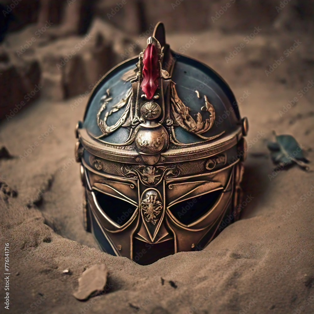 Roman Legionary helmet with the Iroquois in front of Colosseum in Rome ...