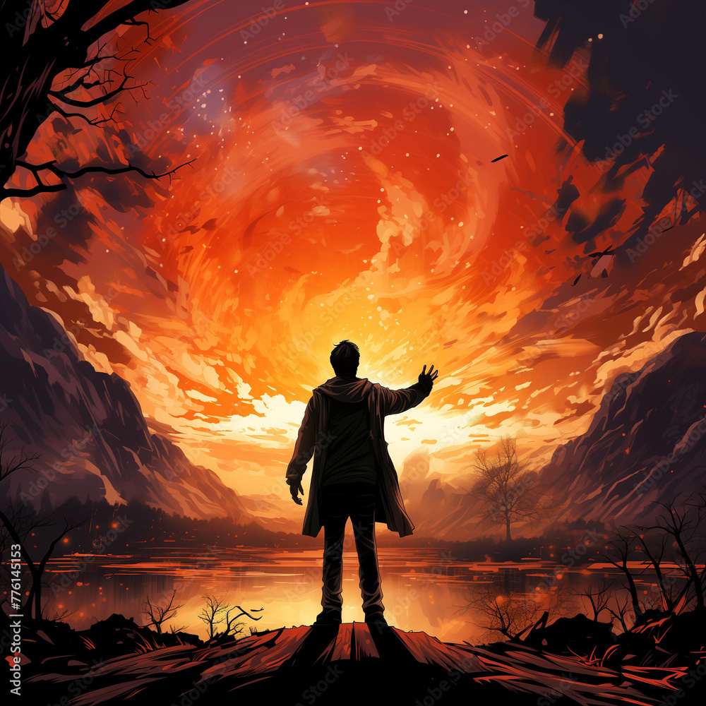 comics, vector graphics, a man holding the sun above his head at arm's ...