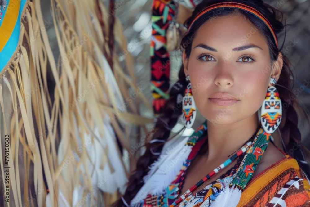 beautiful native american woman in a traditional dress - portrait Stock ...