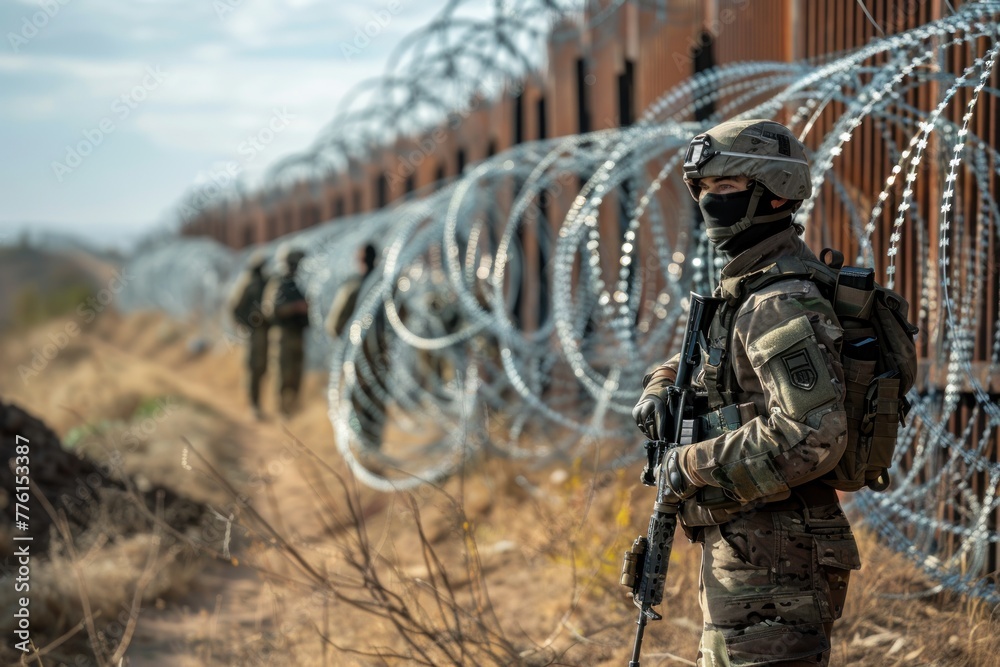 Military and border guards with weapons stand along the border with ...