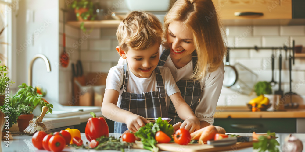 Cute ten years old boy helping his mother to cook food in kitchen. Mom ...